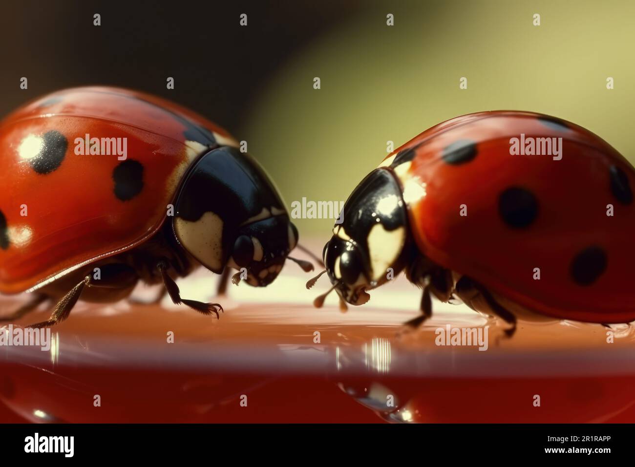 Macro photography, close-up. Two ladybugs drink red-tinted water Stock ...