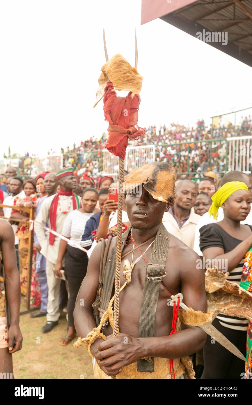 Jos, Nigeria. 12th May 2023. Portrait of Berom soldier during the Nzem ...