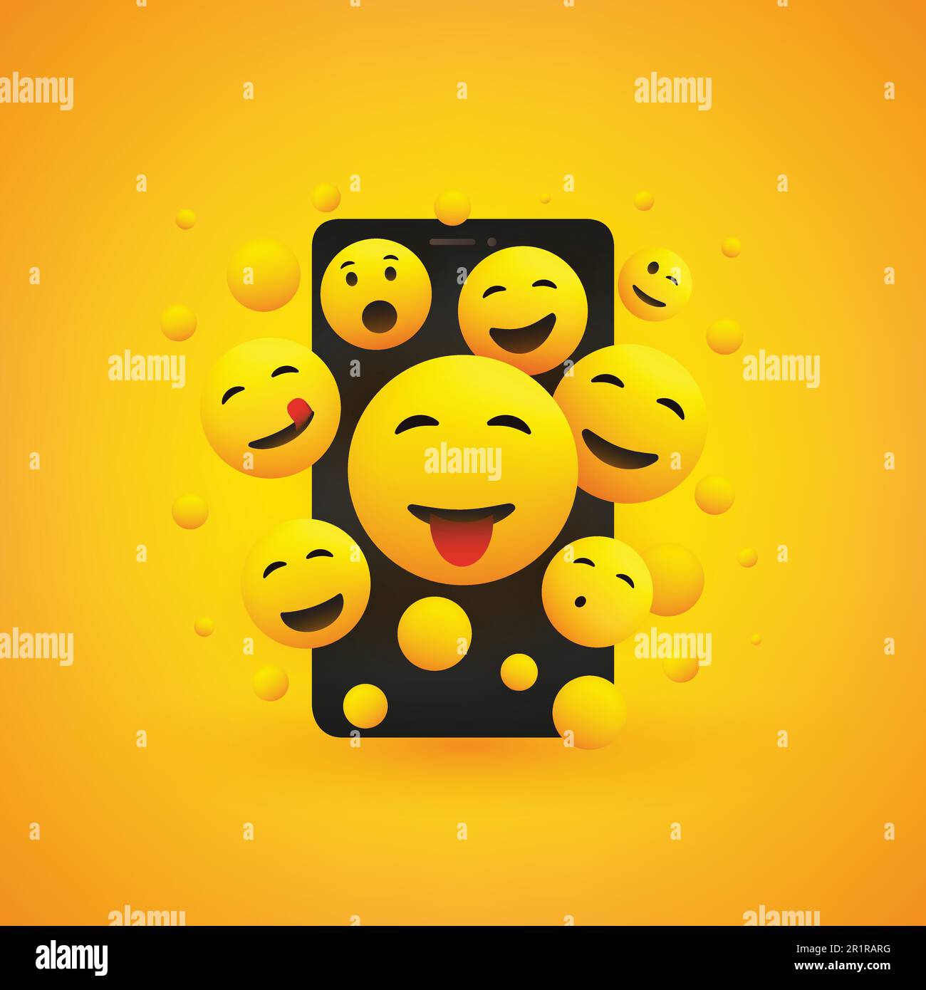 Various Smiling Happy Yellow Emoticons in Front of a Smart Phone Screen ...