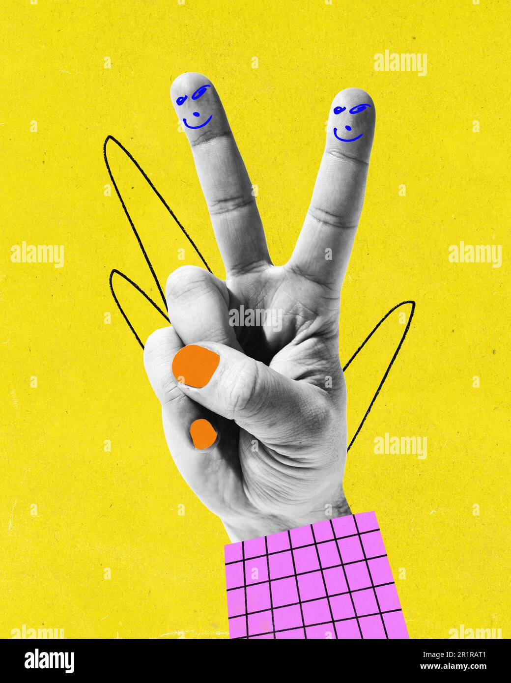 Contemporary art collage of female palm showing two fingers over yellow ...