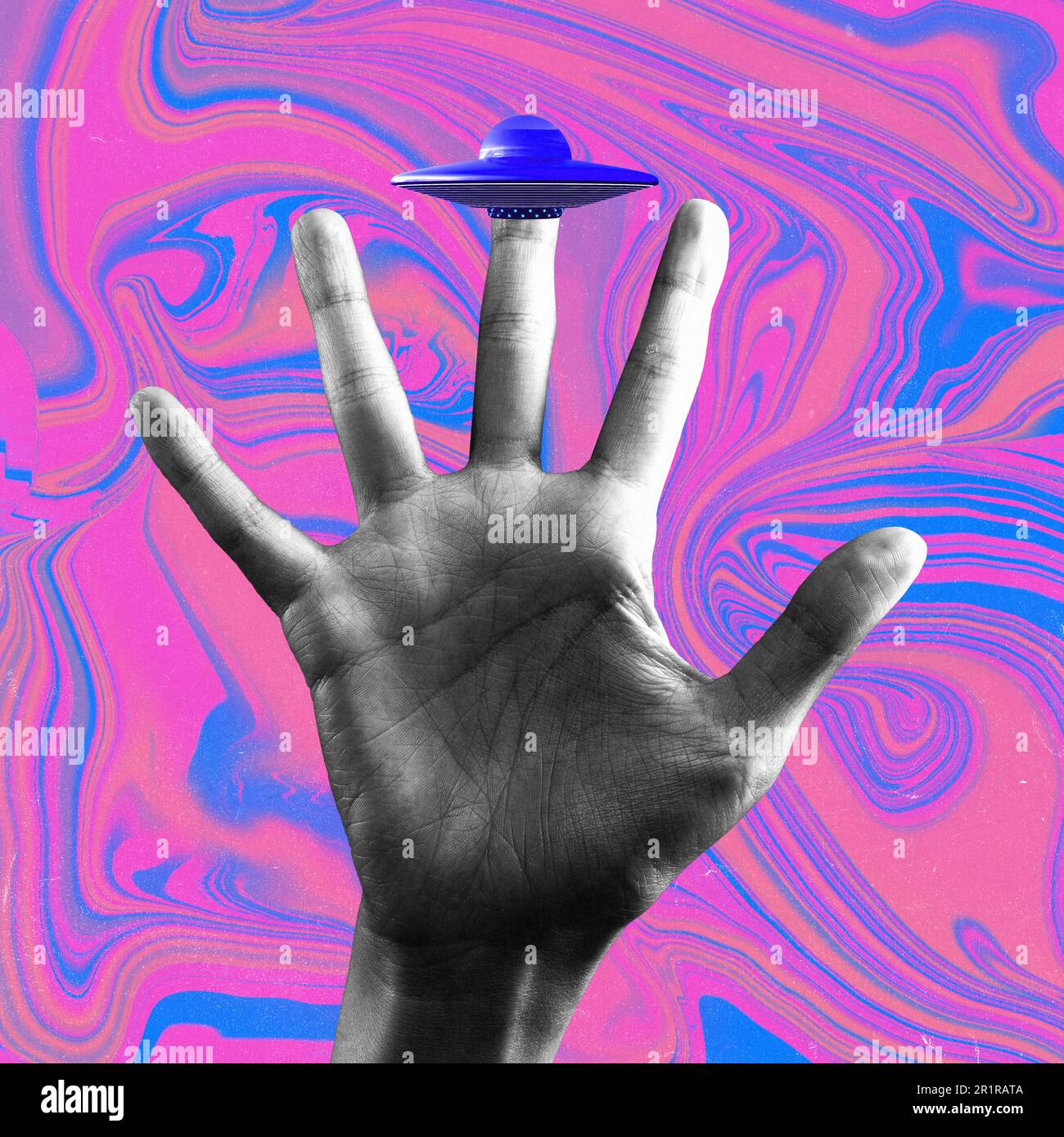 Contemporary art collage of human palm, hand with ufo on middle finger ...