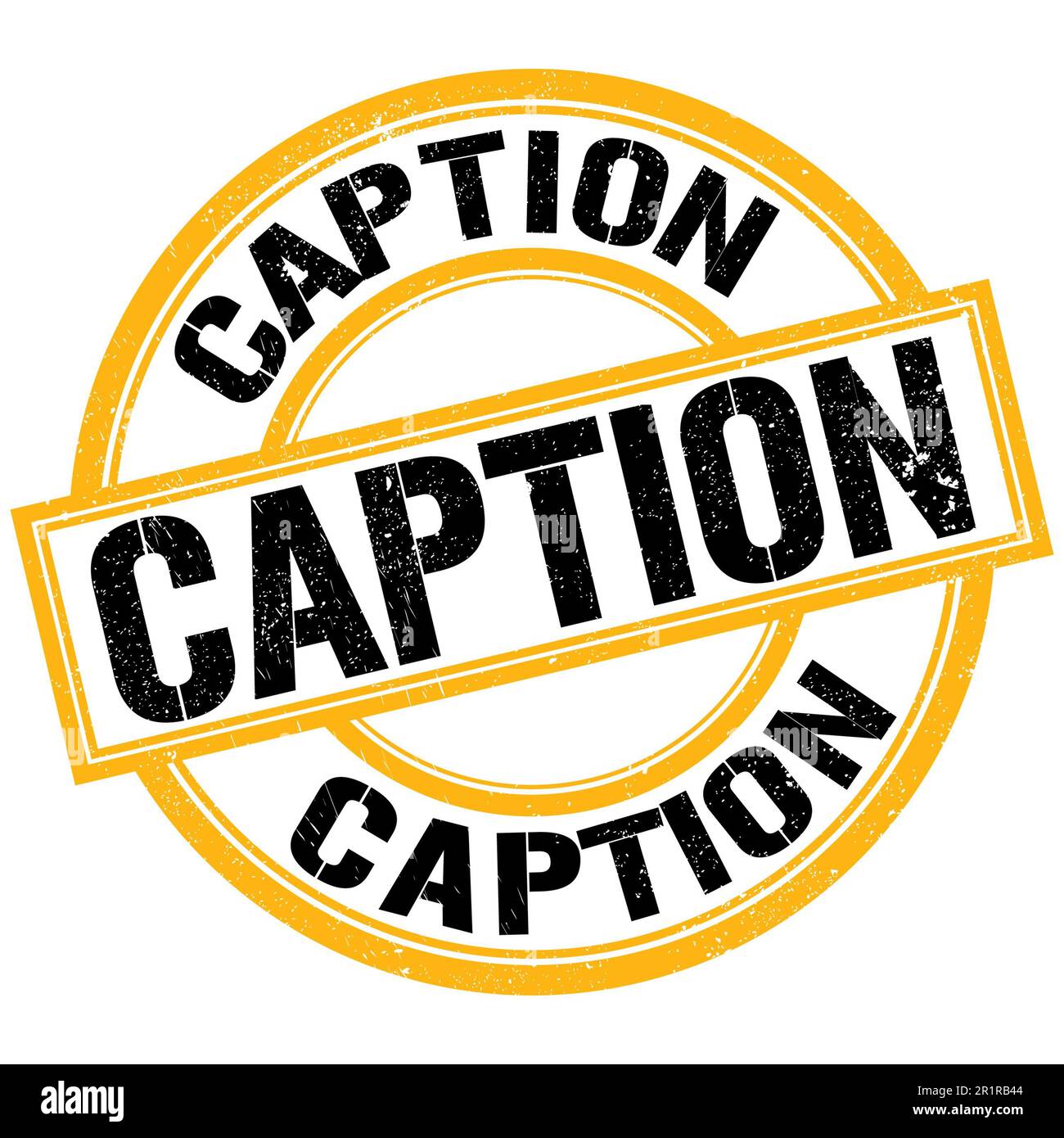 CAPTION text written on yellow-black round stamp sign Stock Photo - Alamy