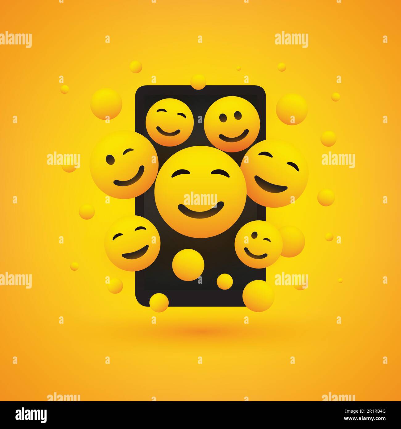 Various Smiling Happy Yellow Emoticons in Front of a Smartphone Screen ...