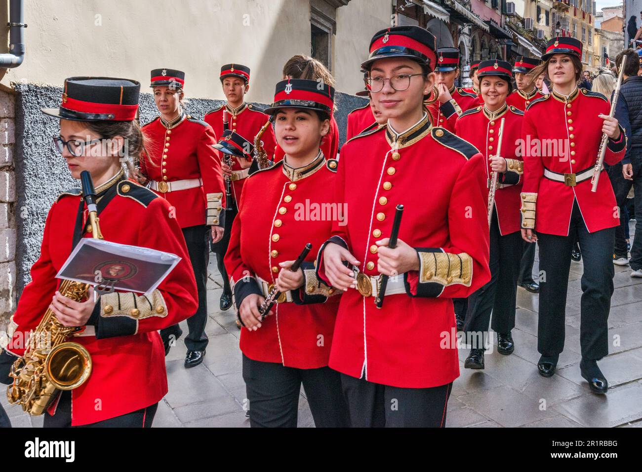 Young women, musicians of The Old Philharmonic marching band, ready to ...