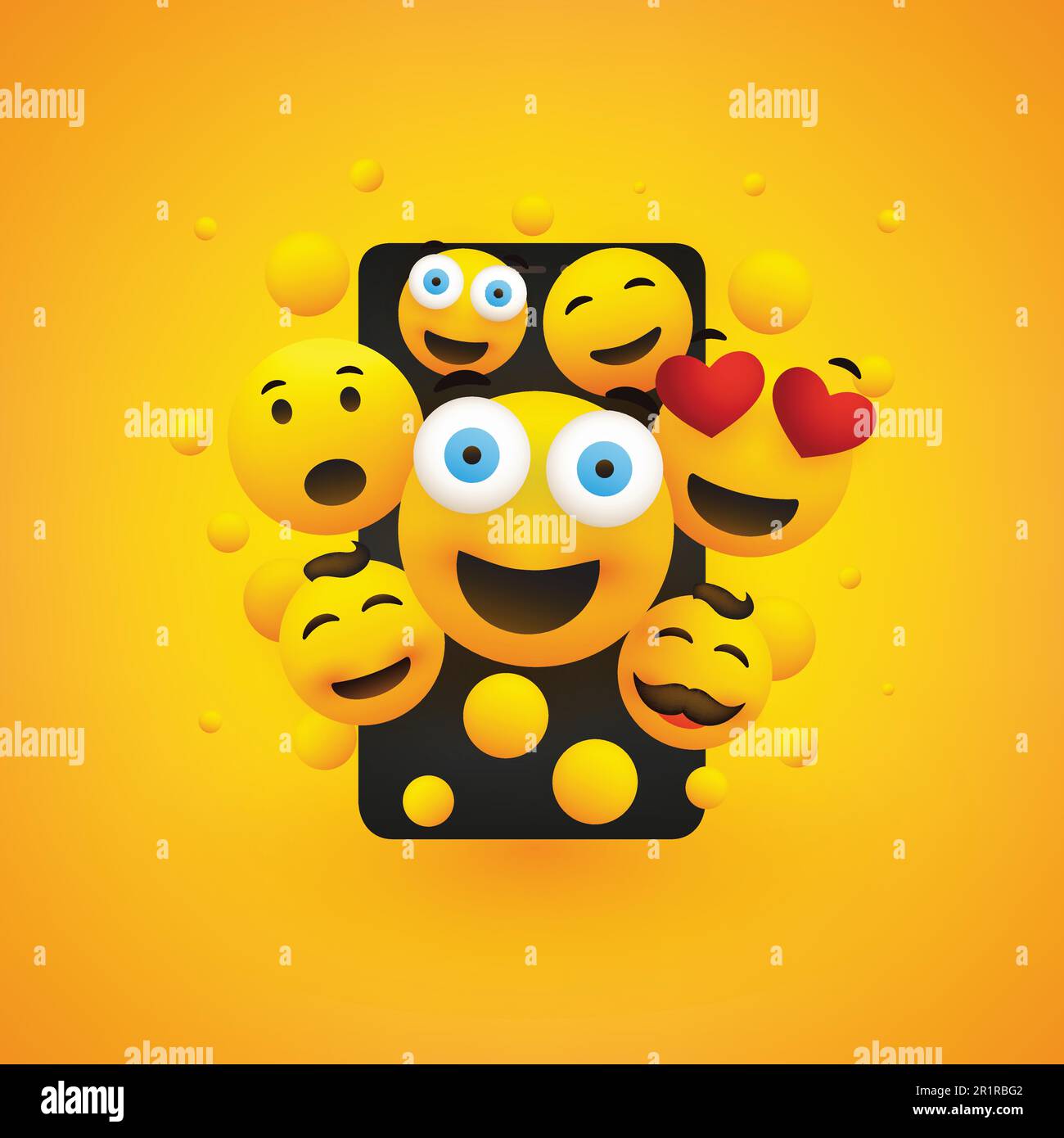 Various Smiling Happy Yellow Emoticons in Front of a Smartphone Screen ...