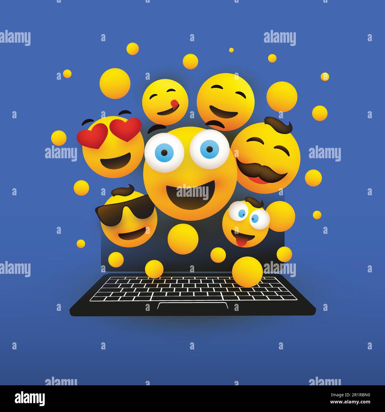 Various Smiling Happy Yellow Emoticons in Front of a Laptop Computer's ...