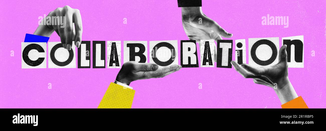 Contemporary art collage with male and female palms, hands over pink ...