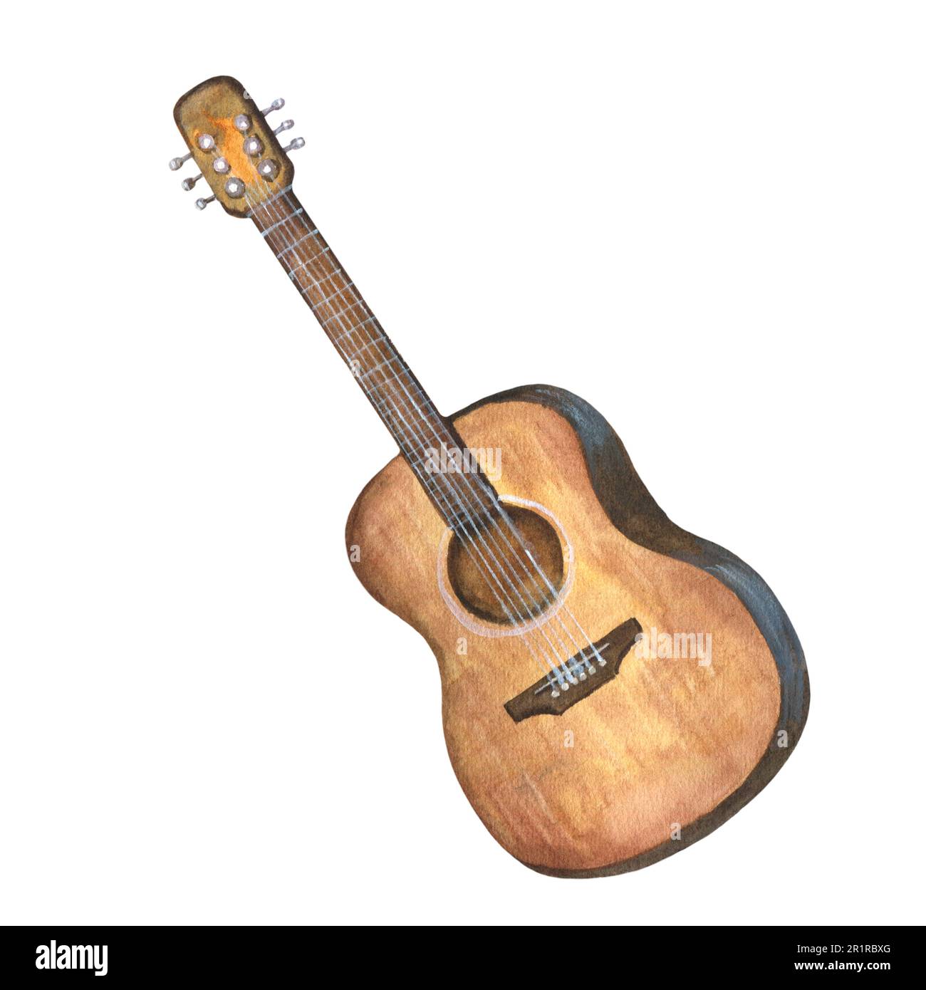 Wooden guitar music string instrument. Hand drawn watercolor ...