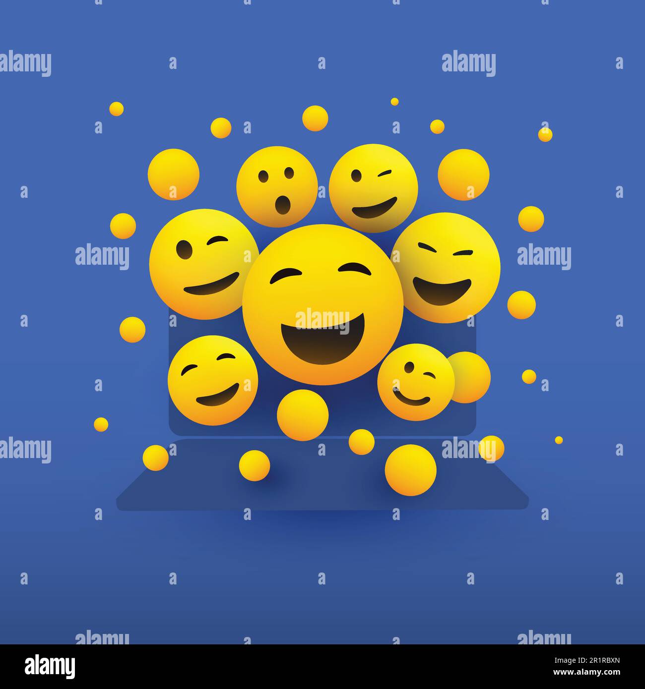 Various Smiling Happy Yellow Emoticons in Front of a Laptop Computer's ...