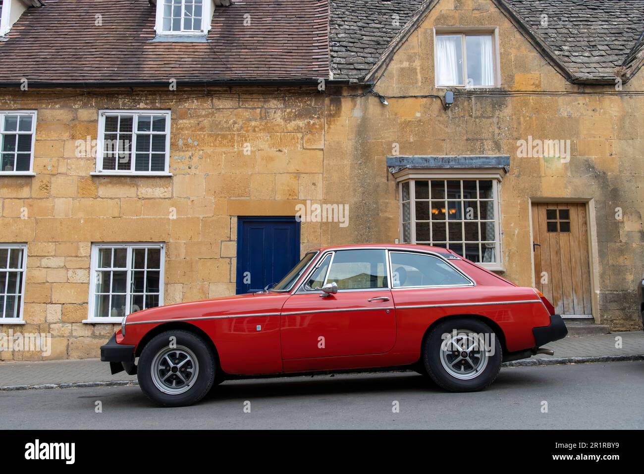 Chipping Campden, UK-August 2022; Side view of a bright red Triumph ...