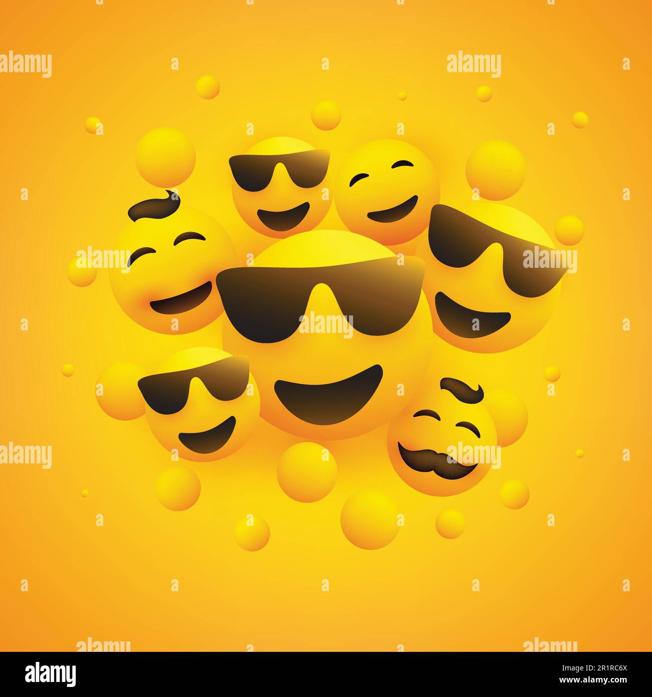 Lots of Smiling Faces With Sunglasses - Emoticons in Front of a Yellow ...