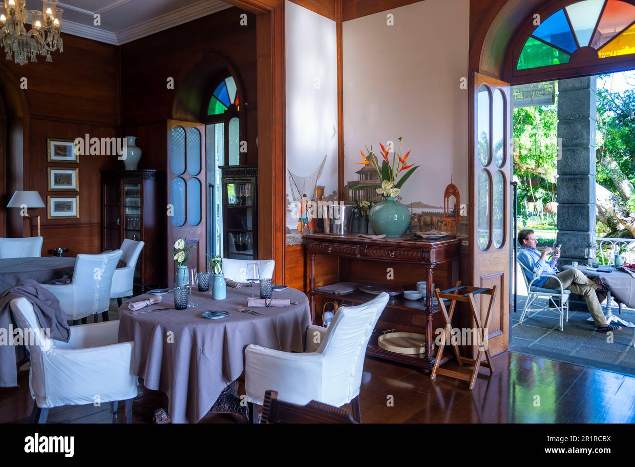 Restaurant in Le Château de Bel Ombre castle, old castle in tropical ...