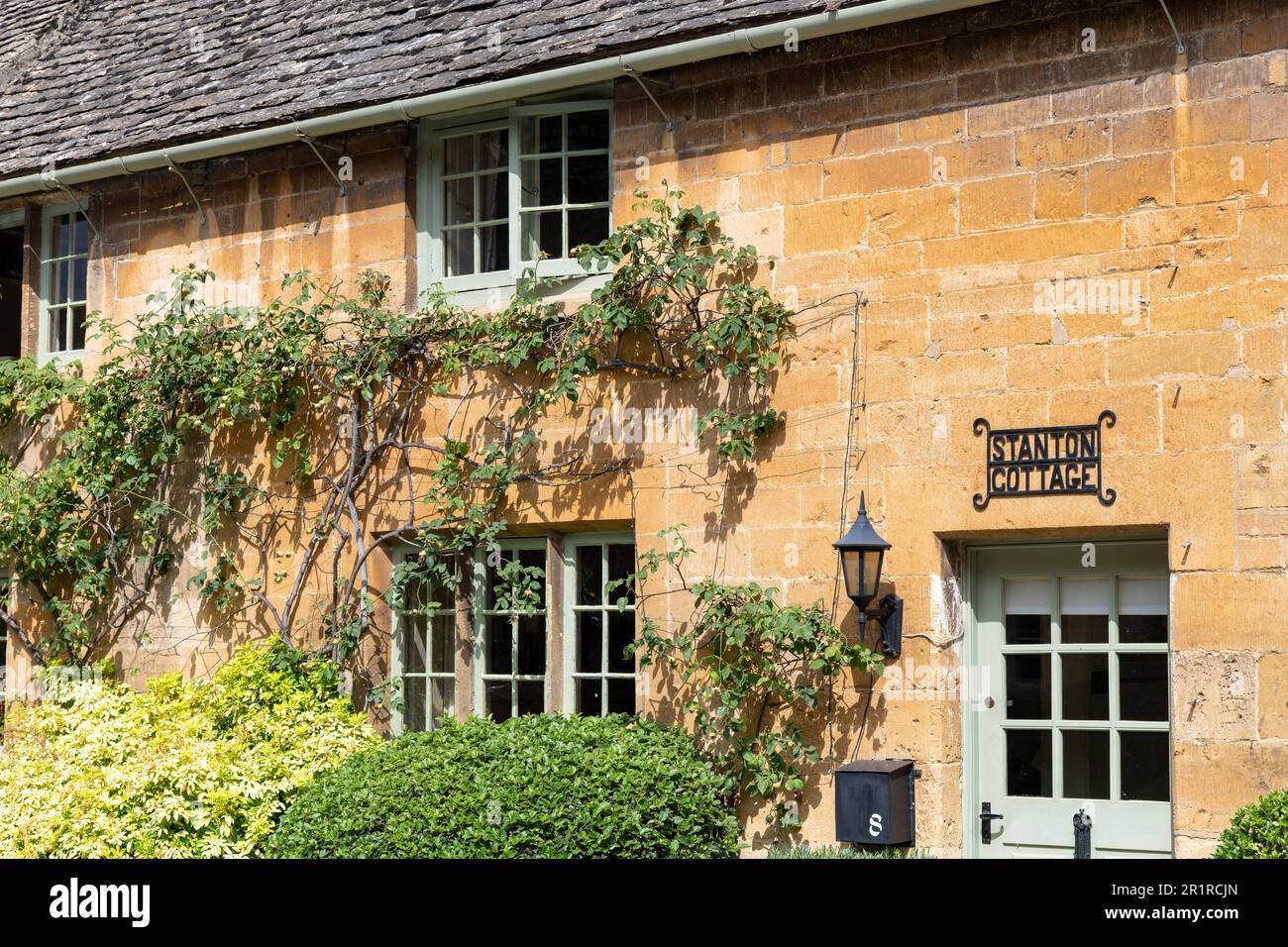 Broadway, UK-August 2022; Close up view of the façade of a typical ...