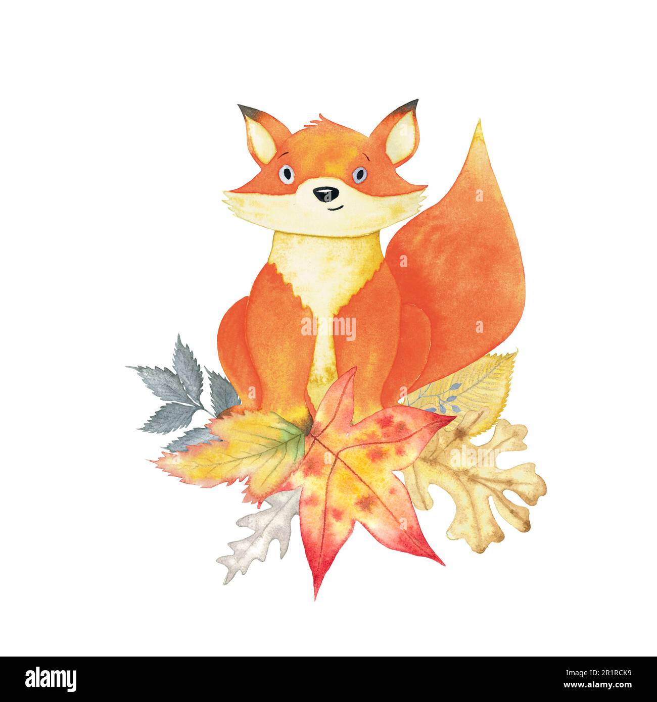 Autumn watercolour card with fox and leaves of oak tree, maple, elm ...