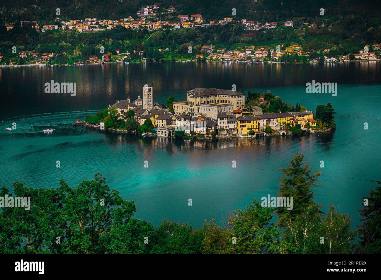 Aerial view of Isola San Giulio (St Julius Island) in Lake Orta ...