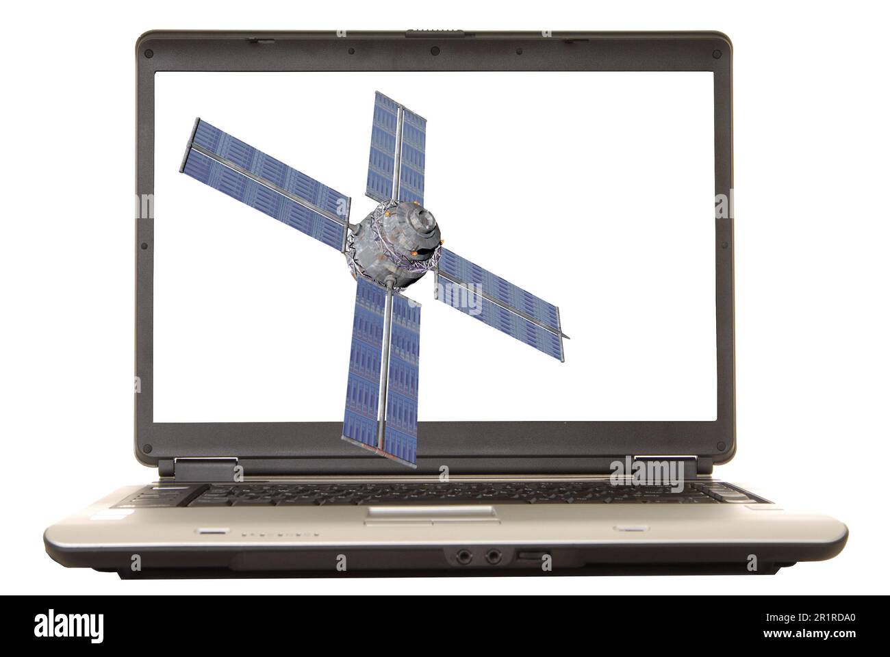 Laptop computer with an illustrated communications satellite on the ...