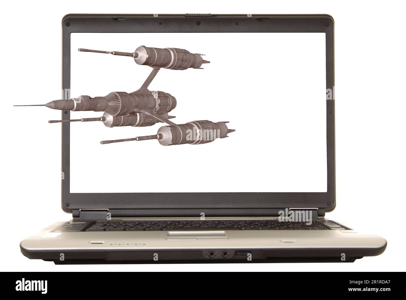 Laptop computer with an illustrated spaceship flying off the screen ...