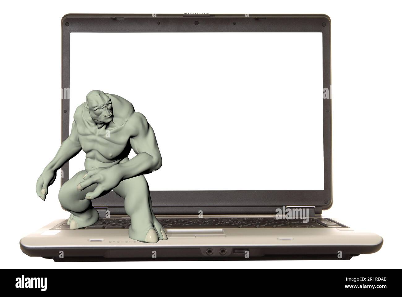 Laptop computer with an illustrated troll standing on the computer ...