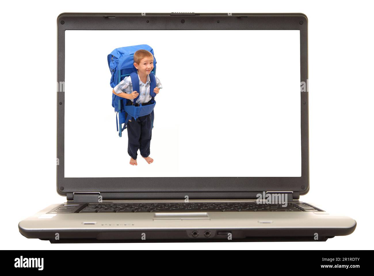 Laptop computer with a boy wearing a backpack on the screen Stock Photo ...