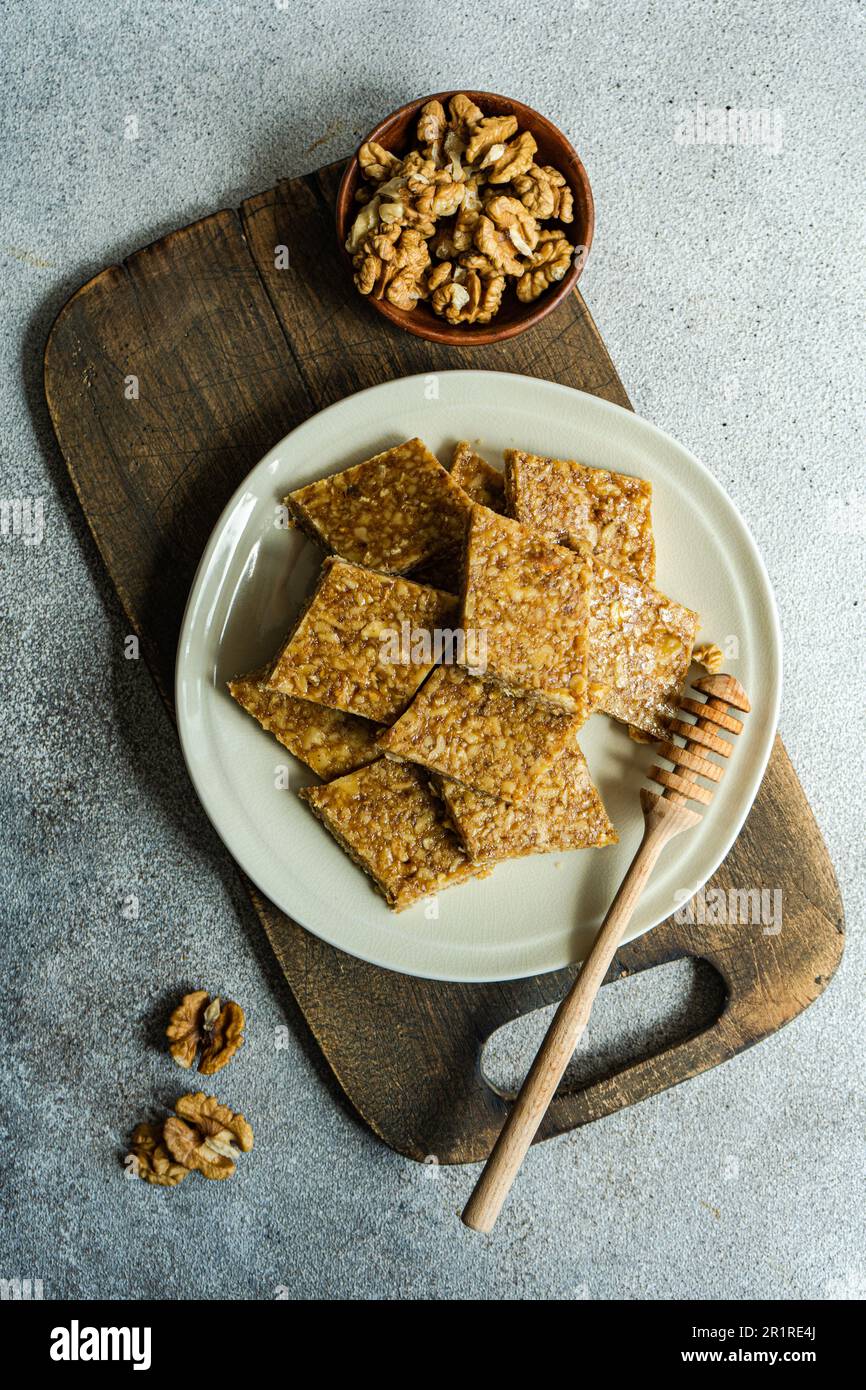Overhead view of a plate of traditional Georgian honey and walnut ...