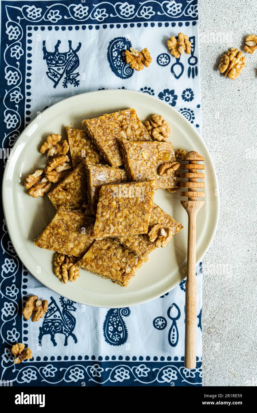Overhead view of a plate of traditional Georgian honey and walnut ...