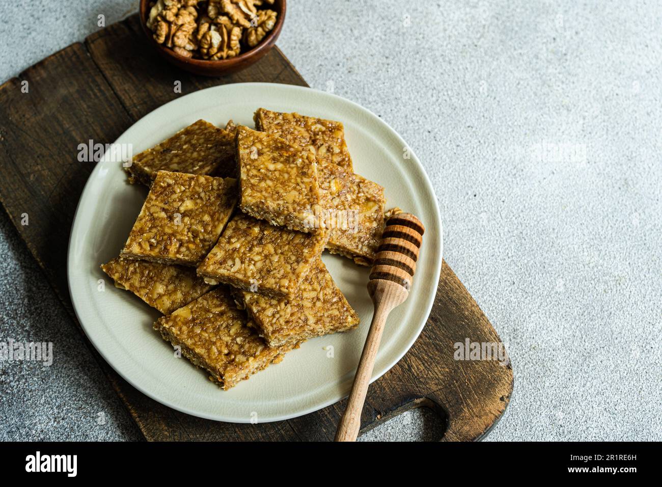 Overhead view of a plate of traditional Georgian honey and walnut ...