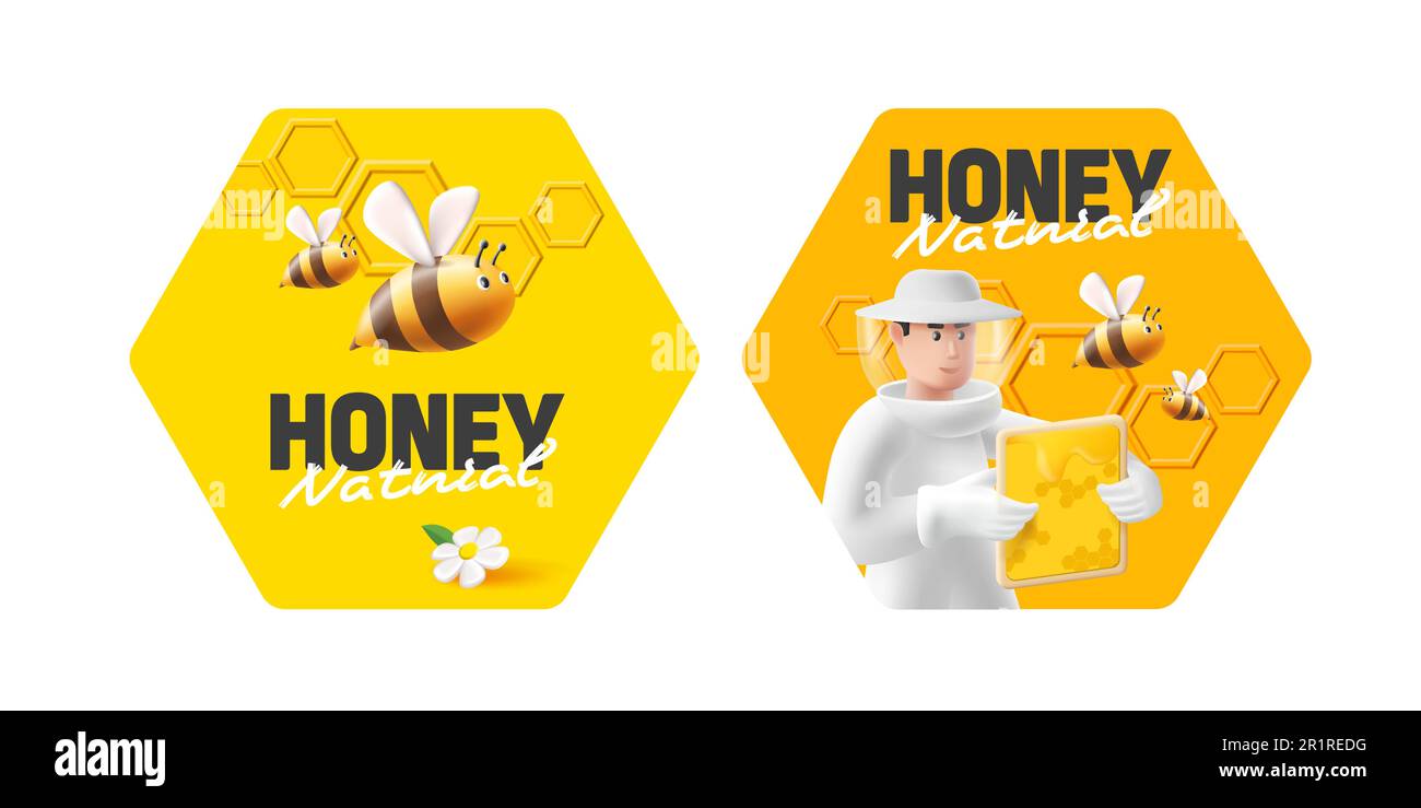 Set of honey jar labels with grapgic design 3d illustration of ...
