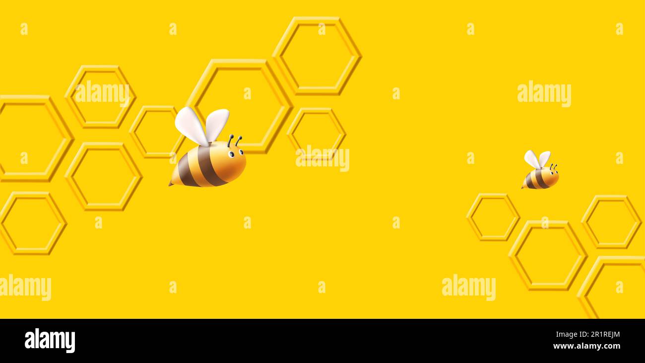 Background with volume honeycombs and rounded 3d render bees flying ...
