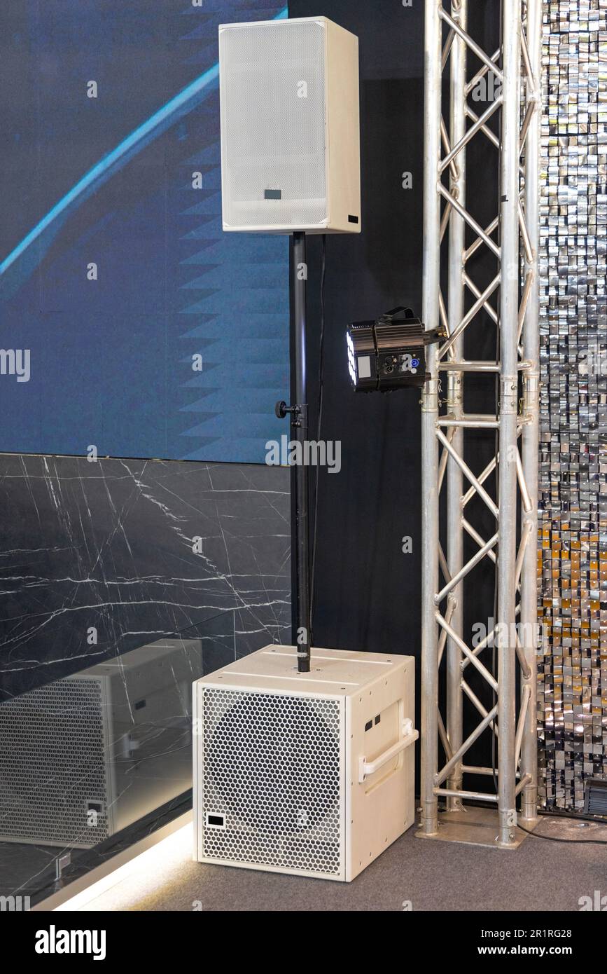 White Audio Speaker at Pole With Subwoofer Set in Disco Club ...