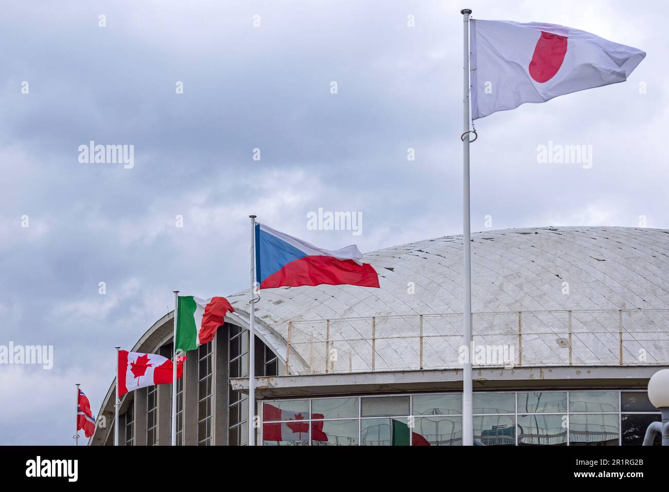 World Flags in Front of International Conference Hall Summit Event ...