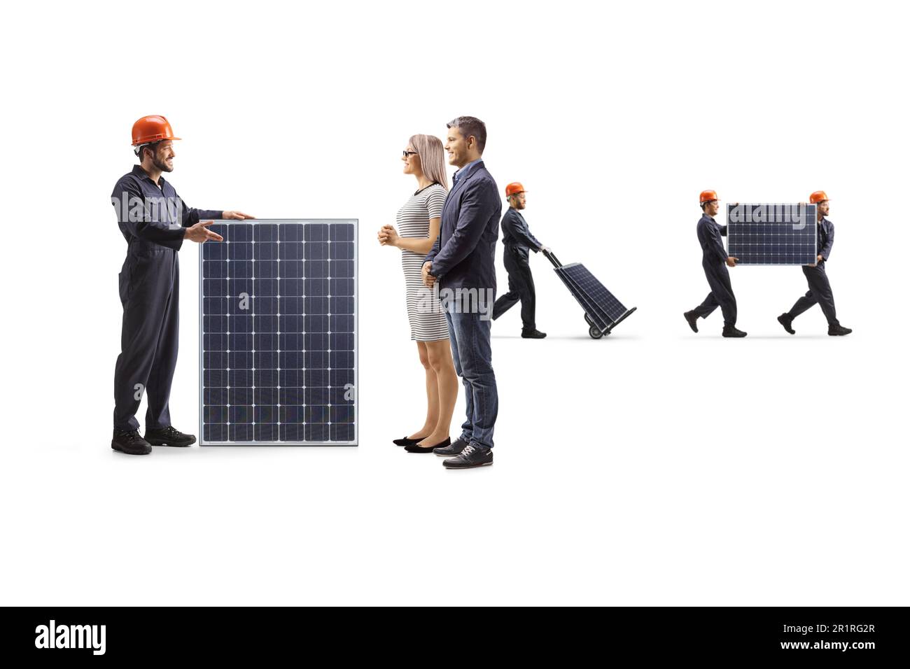 Factory worker with a solar panel talking to customers isolated on ...