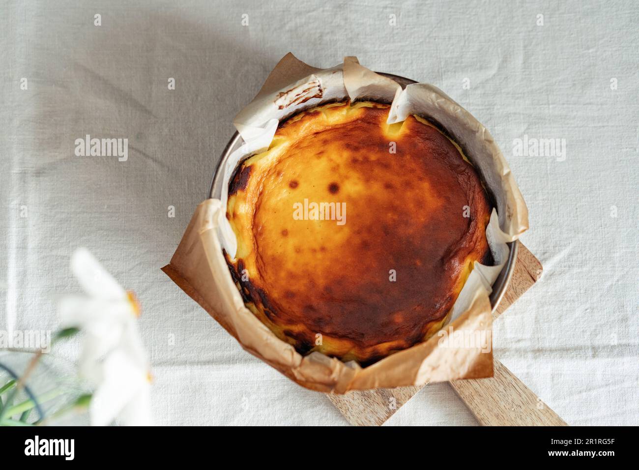 Overhead view of a freshly baked Basque Burnt Cheesecake Stock Photo ...