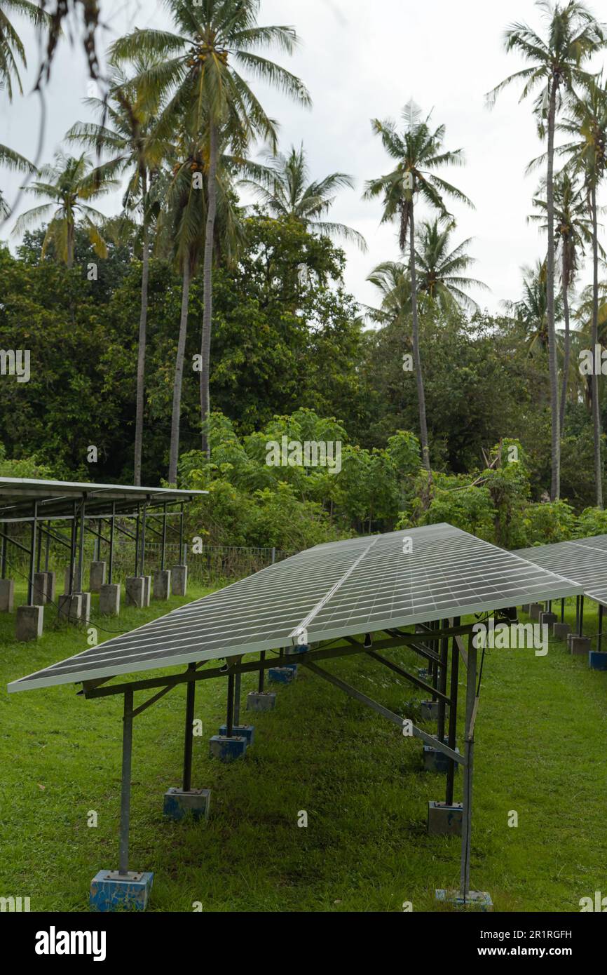 Solar power plant energy panels on tropical island Gili Air, Indonesia ...