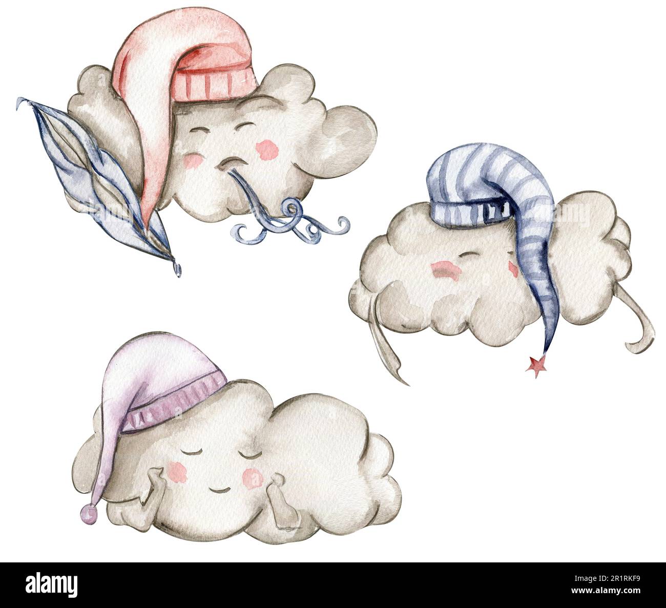 Watercolor hand drawn cute white sleeping clouds in cartoon style ...