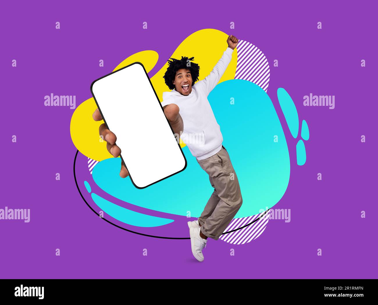 Creative Collage With Excited Black Guy Jumping With Blank Smartphone ...