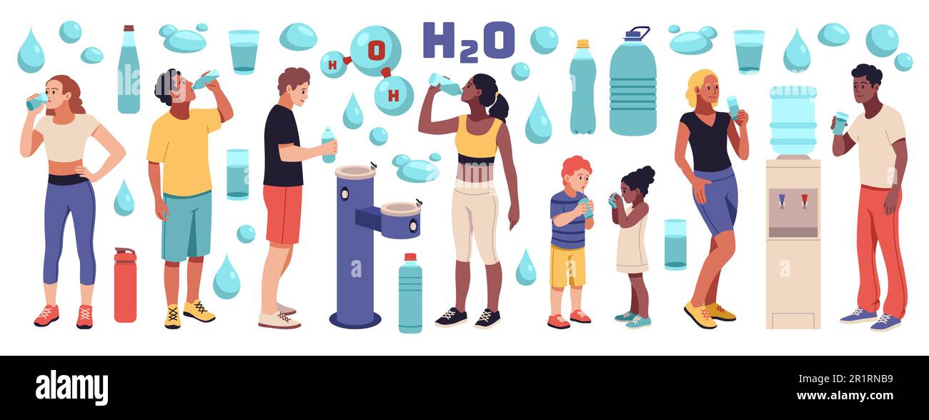 Drinking water. Happy cute people holding bottles and glasses with ...