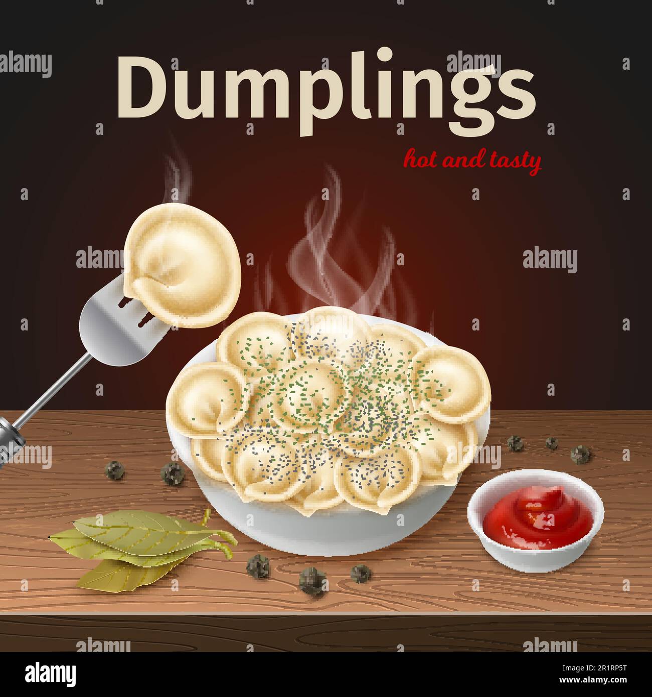 Realistic dumplings plate. Hot boiled dough with meat filling, steam ...