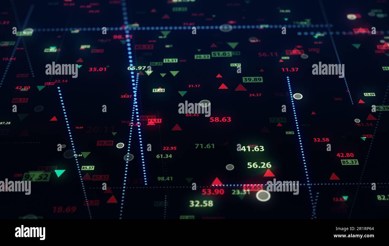 3d rendering of stock market data on a dark background. Quotes on the ...