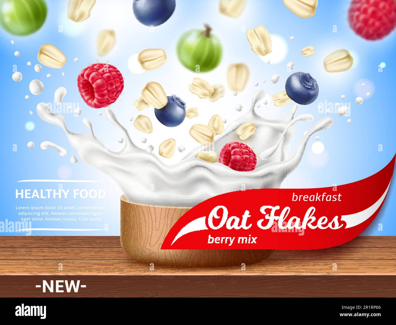 Realistic oatmeal flakes poster. Grains and berries in milk splash ...