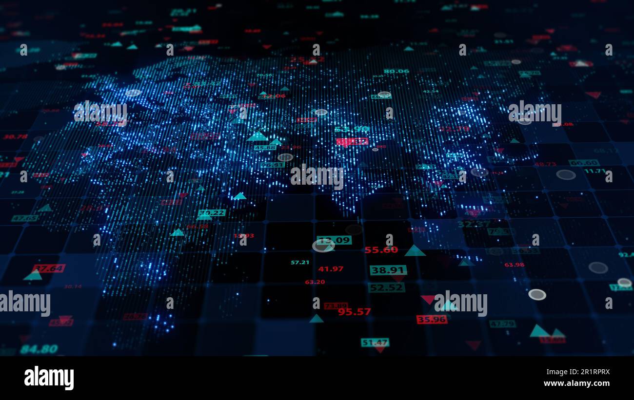 3d rendering of stock market data on digital earth map background ...