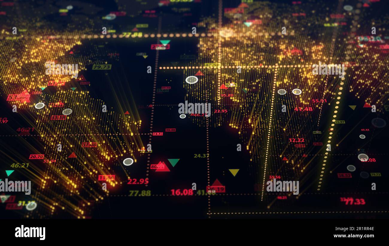 3d rendering of stock market data on digital earth map background ...