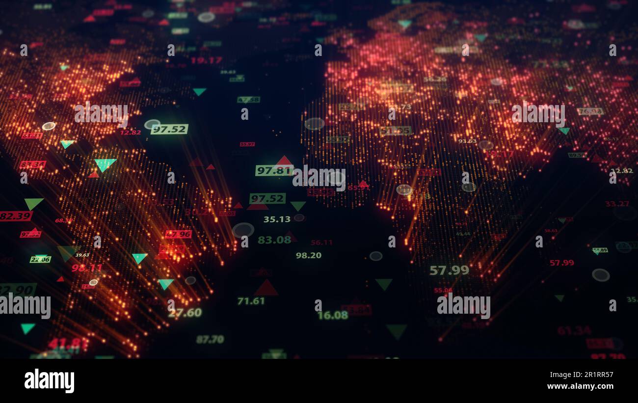 3d rendering of stock market data on digital earth map background ...
