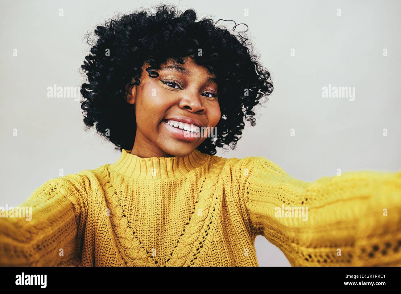 Closeup Portrait Of Cheerful Black Woman Smiling With Open Mouth Taking