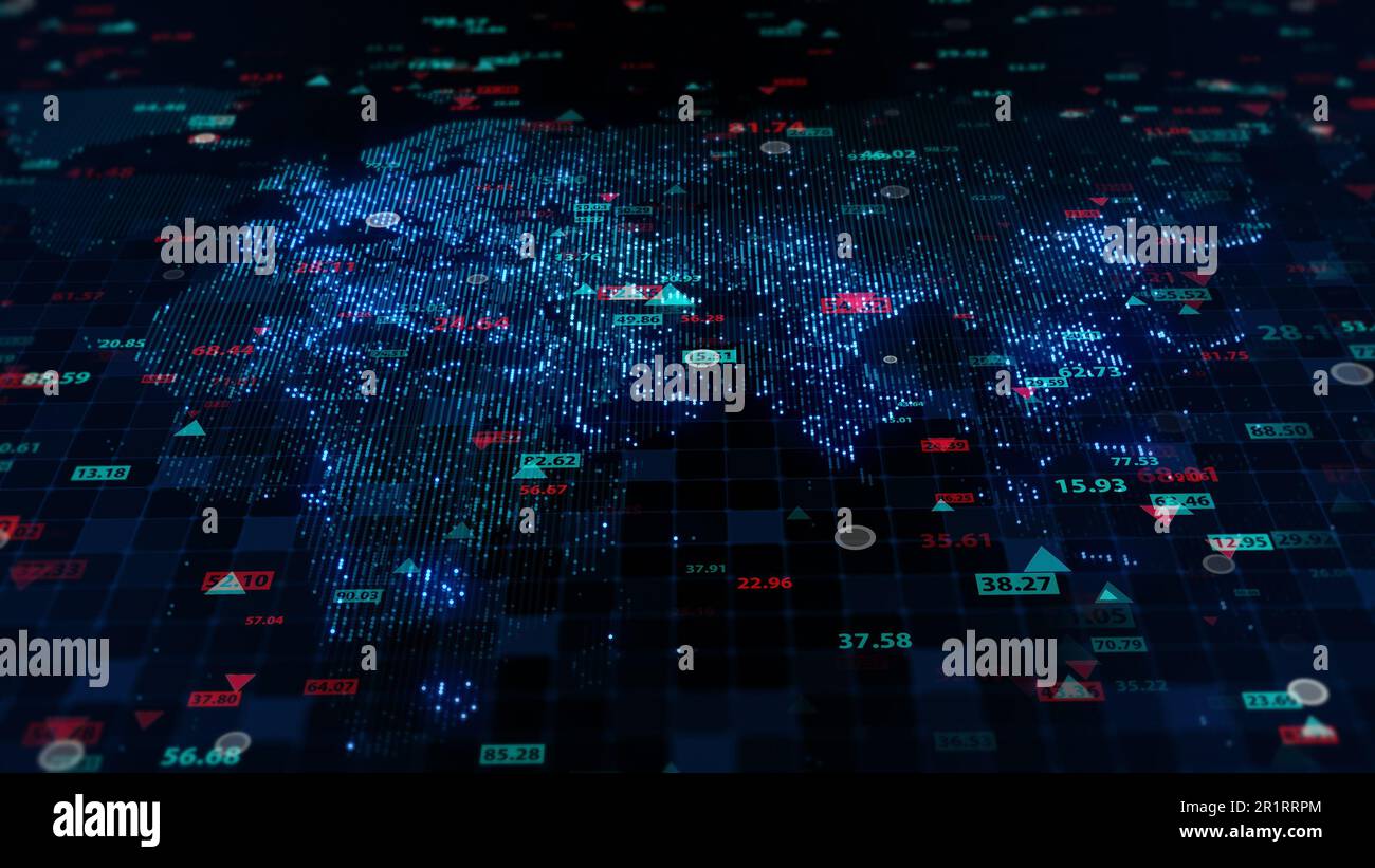 3d rendering of stock market data on digital earth map background ...