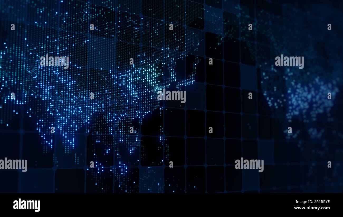 3D rendering of a digital map of the Earth. The lights of megacities ...