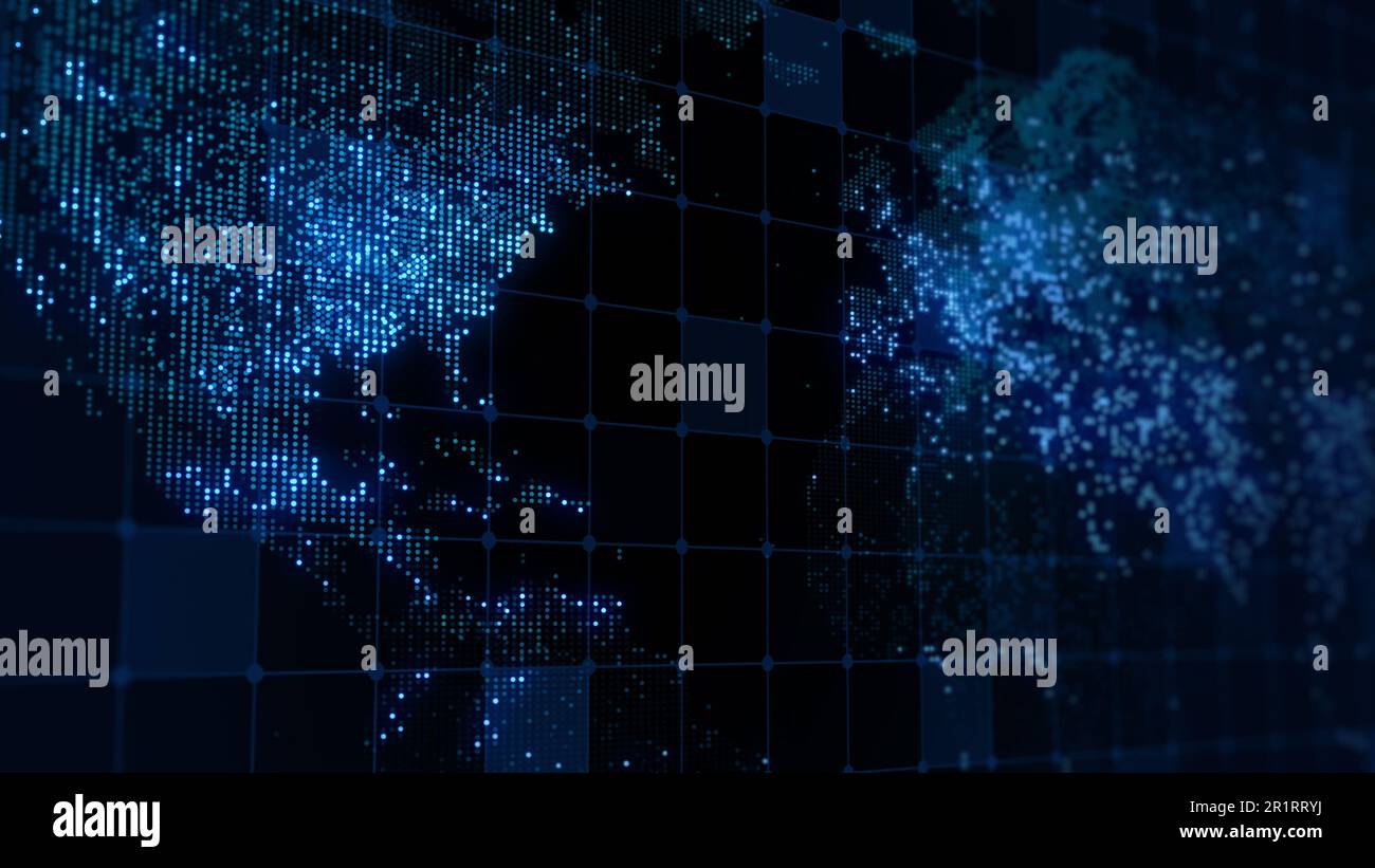 3D rendering of a digital map of the Earth. The lights of megacities ...