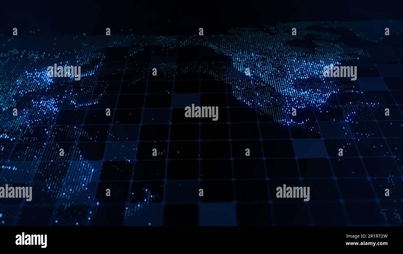 3D rendering of a digital map of the Earth. The lights of megacities ...