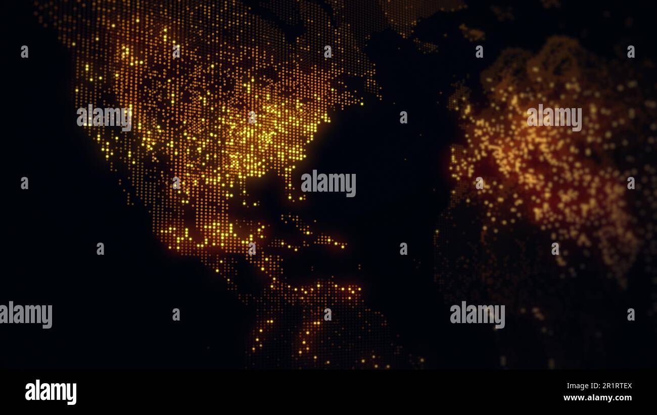 3D rendering of a digital map of the Earth. The lights of megacities ...