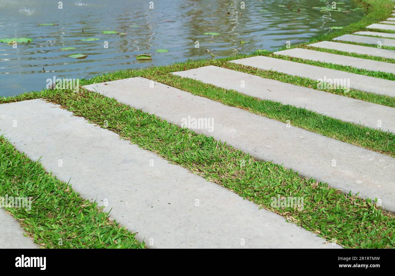 Stepping stones path by the lake in a garden Stock Photo - Alamy