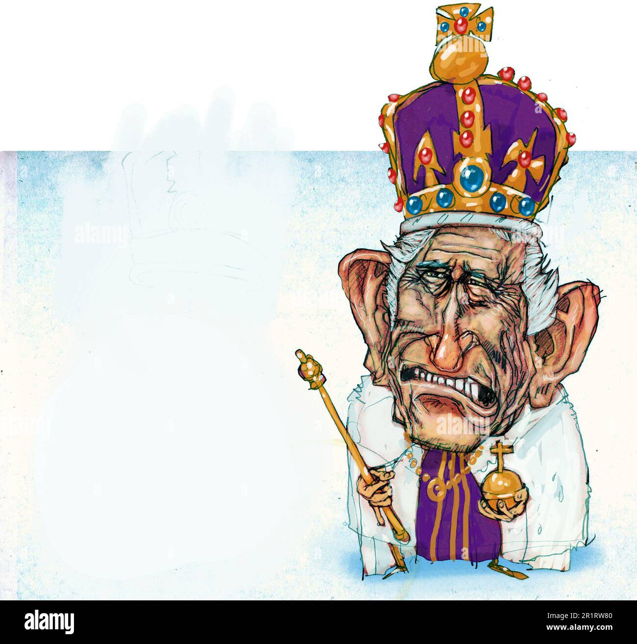 Satire style cartoon art work caricature of King Charles III, holding ...